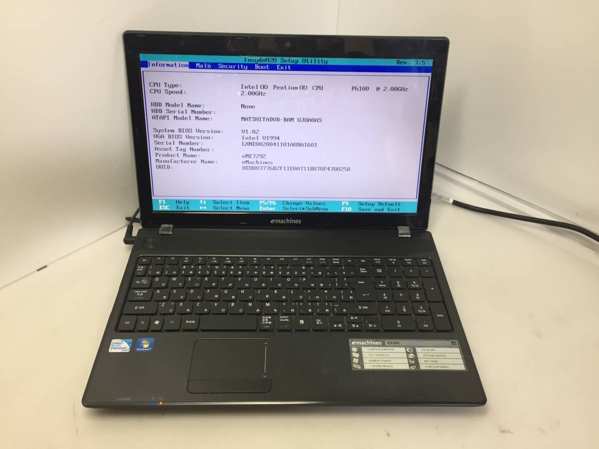 【やや傷や汚れあり】★【BIOS確認】eMachines E729Z ノートPC CPU Pentium P6100 2.00GHz 2GB ...