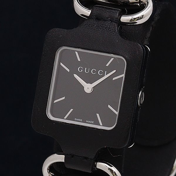 【やや傷や汚れあり】1円 稼働 良品 グッチ 130.5 12862999 黒文字盤 スクエアタイプ QZ レディース腕時計 3614100 ...