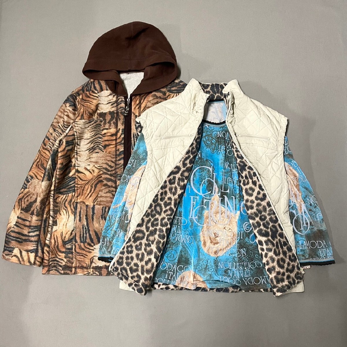 【目立った傷や汚れなし】 美品 伊太利屋 イタリヤ GK ITALIYA 3点 ジャケット 中綿ベスト カットソー アニマル レオパード 豹 ...
