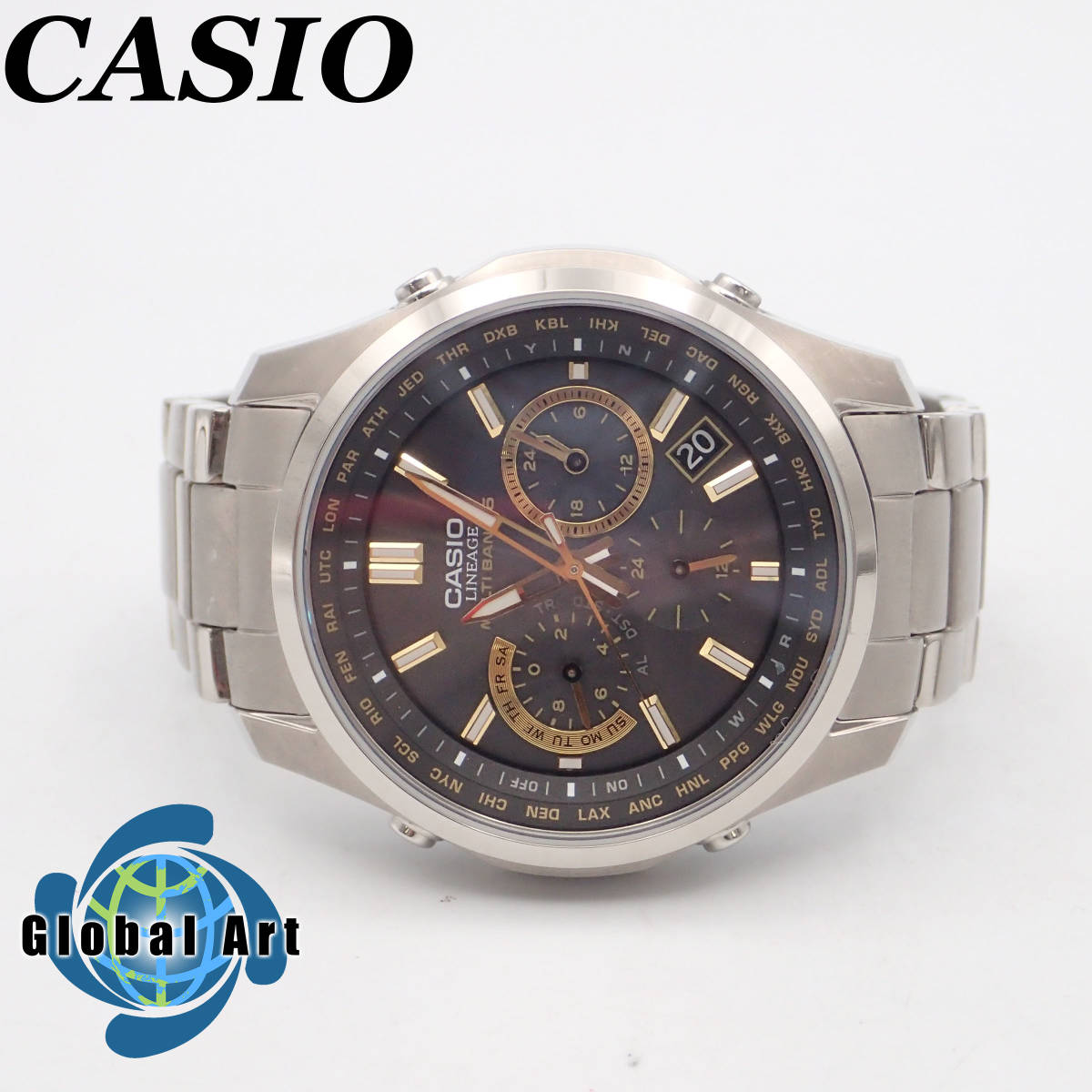 【やや傷や汚れあり】う02110【美品】casio カシオ リニエージ 電波ソーラー メンズ腕時計 純正ベルト チタン 文字盤 ブラック