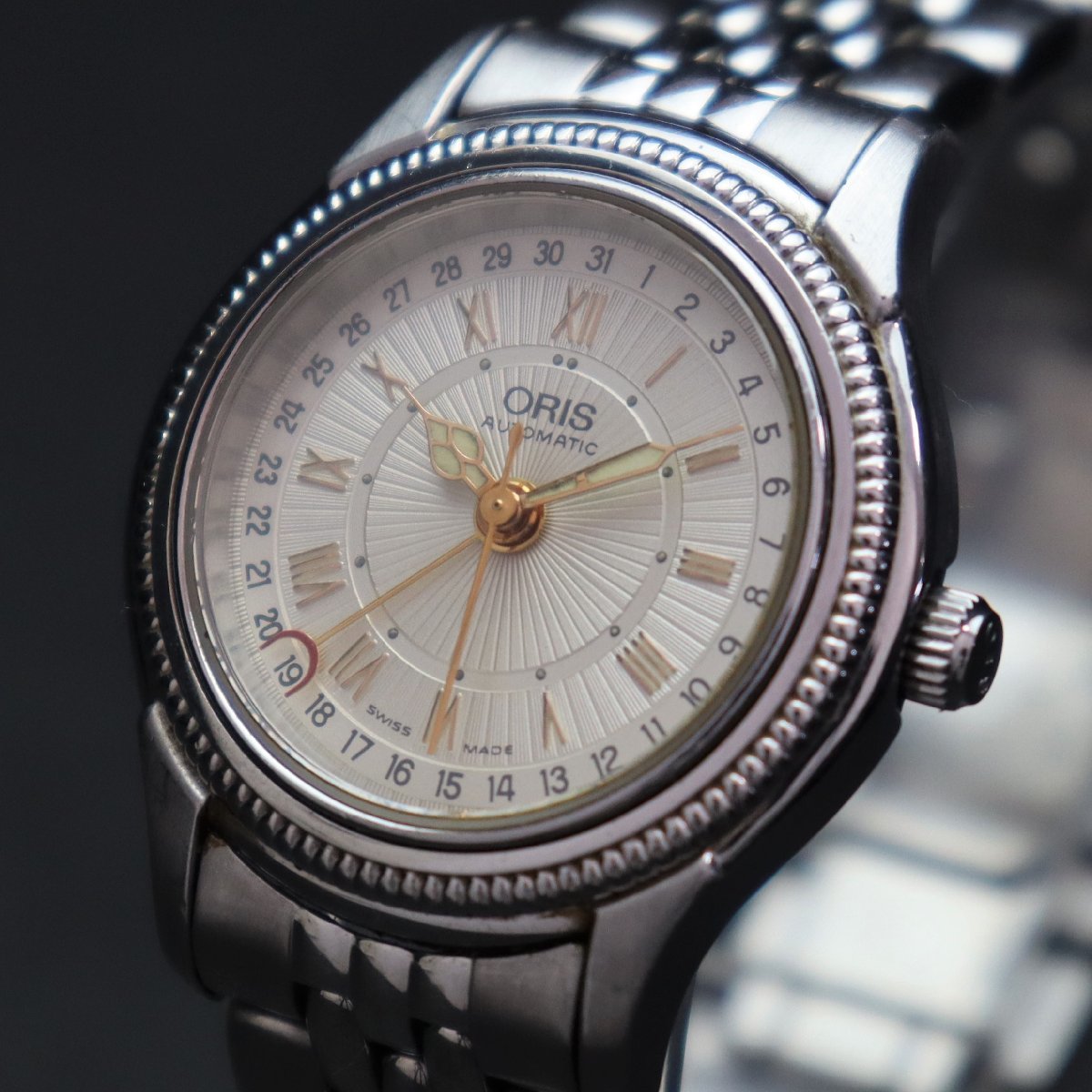 【目立った傷や汚れなし】希少 ローマン文字盤 ORIS オリス ポインターデイト 7466 cal.574 自動巻き 17石 裏スケルトン ...
