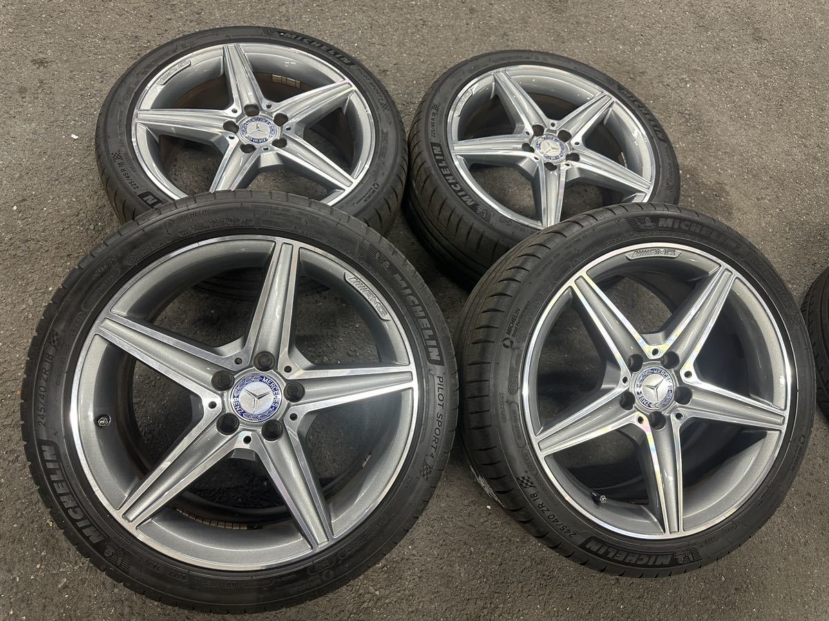 【目立った傷や汚れなし】メルセデス・ベンツ 純正 AMG W205 W204 Cクラス 18インチアルミホイール＆タイヤ4本セット 7.5j+44 8.5j+49 225/45R18 245 ...