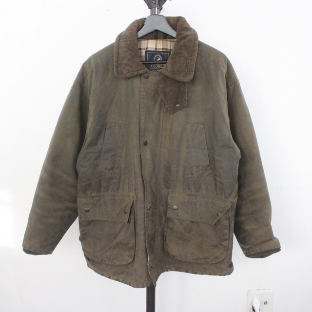 【傷や汚れあり】オ11 90sビンテージ P.G.FIELD オイルドジャケット 1990年代製 表記Mサイズ 襟コーデュロイ カーキ ...