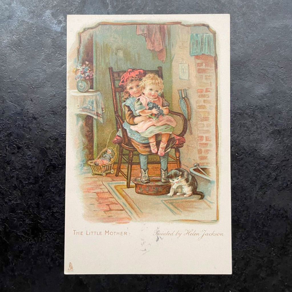 【やや傷や汚れあり】アンティーク ポストカード Helen Jackson アーティスト Tuck&Sons 女の子 姉妹 少女 猫 ...