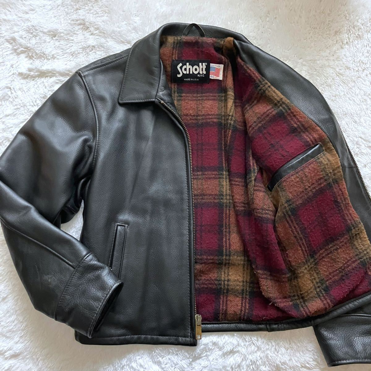 【目立った傷や汚れなし】ショット Schott Lサイズ レザージャケット 米国製 ブラック ライダース シングルトラッカー 681 本革 タータンチェック 40 真鍮の落札情報詳細 ...