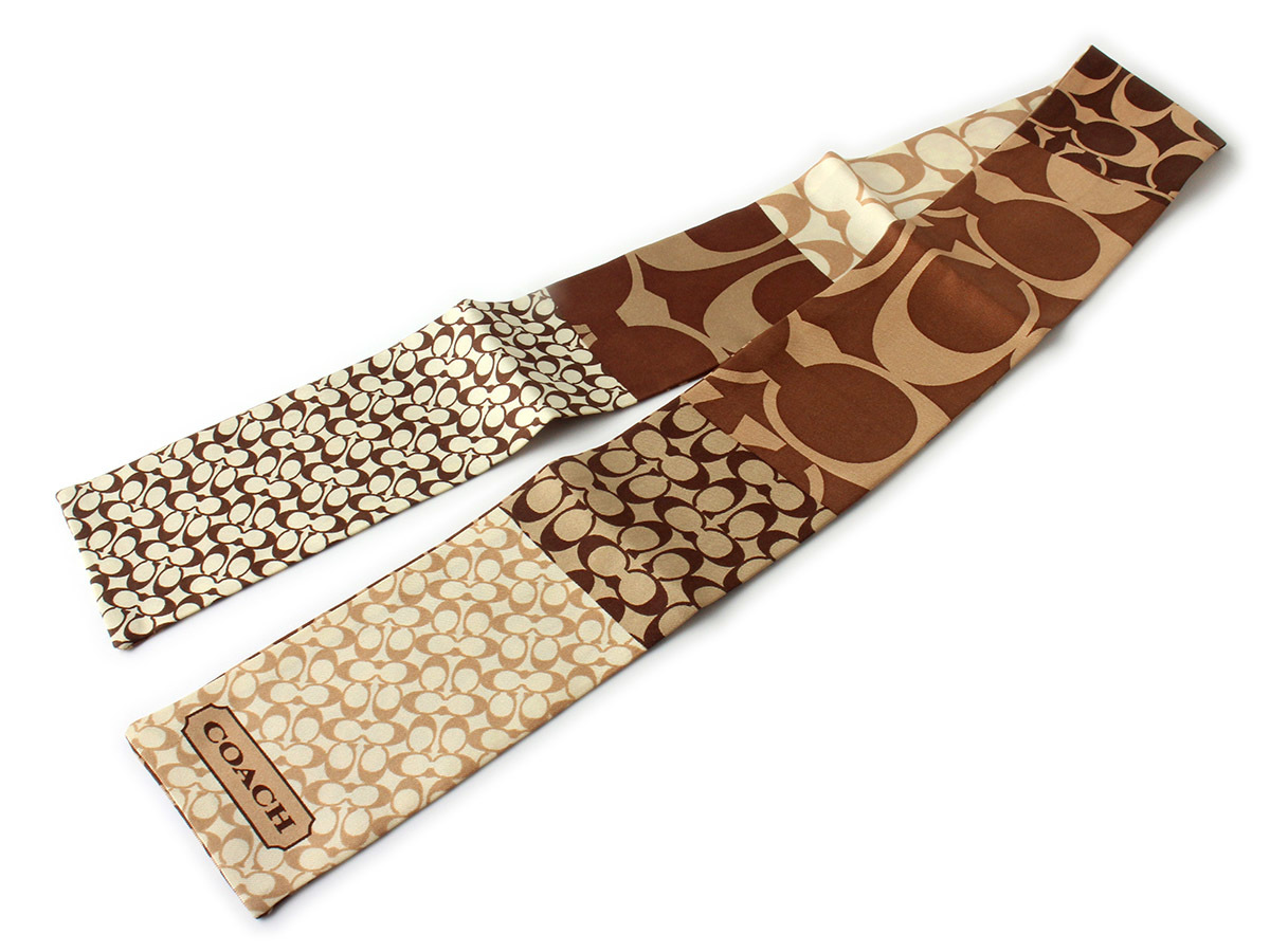 【やや傷や汚れあり】N12897 COACH コーチ シグネチャー ツイリー スカーフ ブラウン系 茶系 リボンスカーフ レディース シルク ...