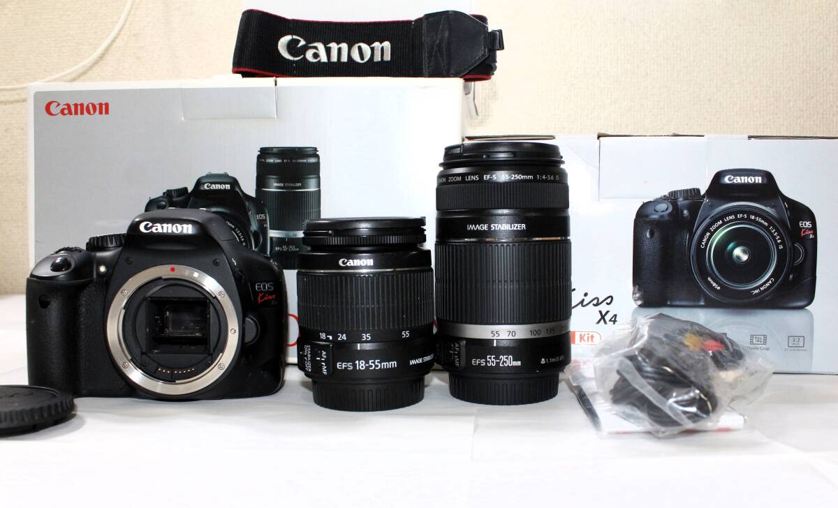 【目立った傷や汚れなし】★デジタル一眼カメラ★CANON EOS Kiss X4 EF-S 18-55mm F3.5-5.6 IS II EF-S 55-250mm F4-5.6 ダブルズーム ...