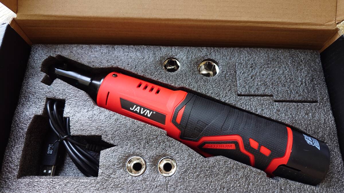 【未使用】格安電動ラチェット JAVN 新品未使用 撮影のため開封 使い勝手よし ソケット12 13 14 17付き 充電式バッテリー NO ...