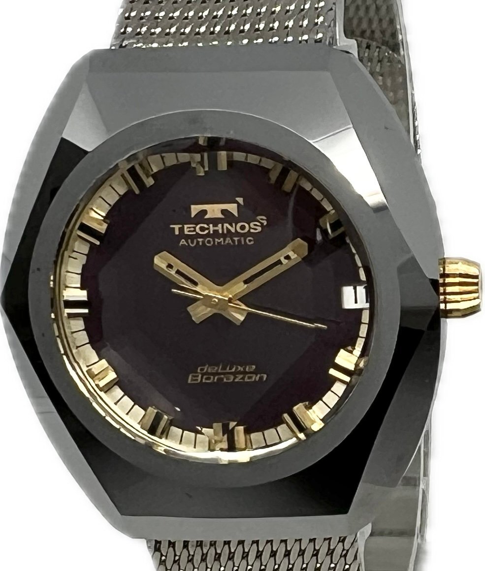 【やや傷や汚れあり】1円～ TECHNOS テクノス デラックス ボラゾン S4D0332 カットガラス メンズ 自動巻き デイト ...