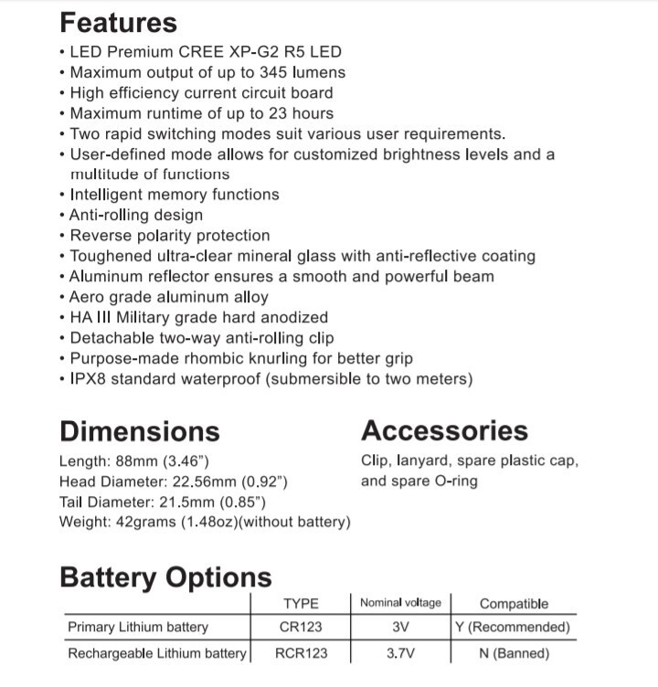 【未使用に近い】ナイトコア NITECORE MT1C 後期型 XP-G2 CW 345lm リチウム電池 CR123(3V)仕様 フラッシュ ...