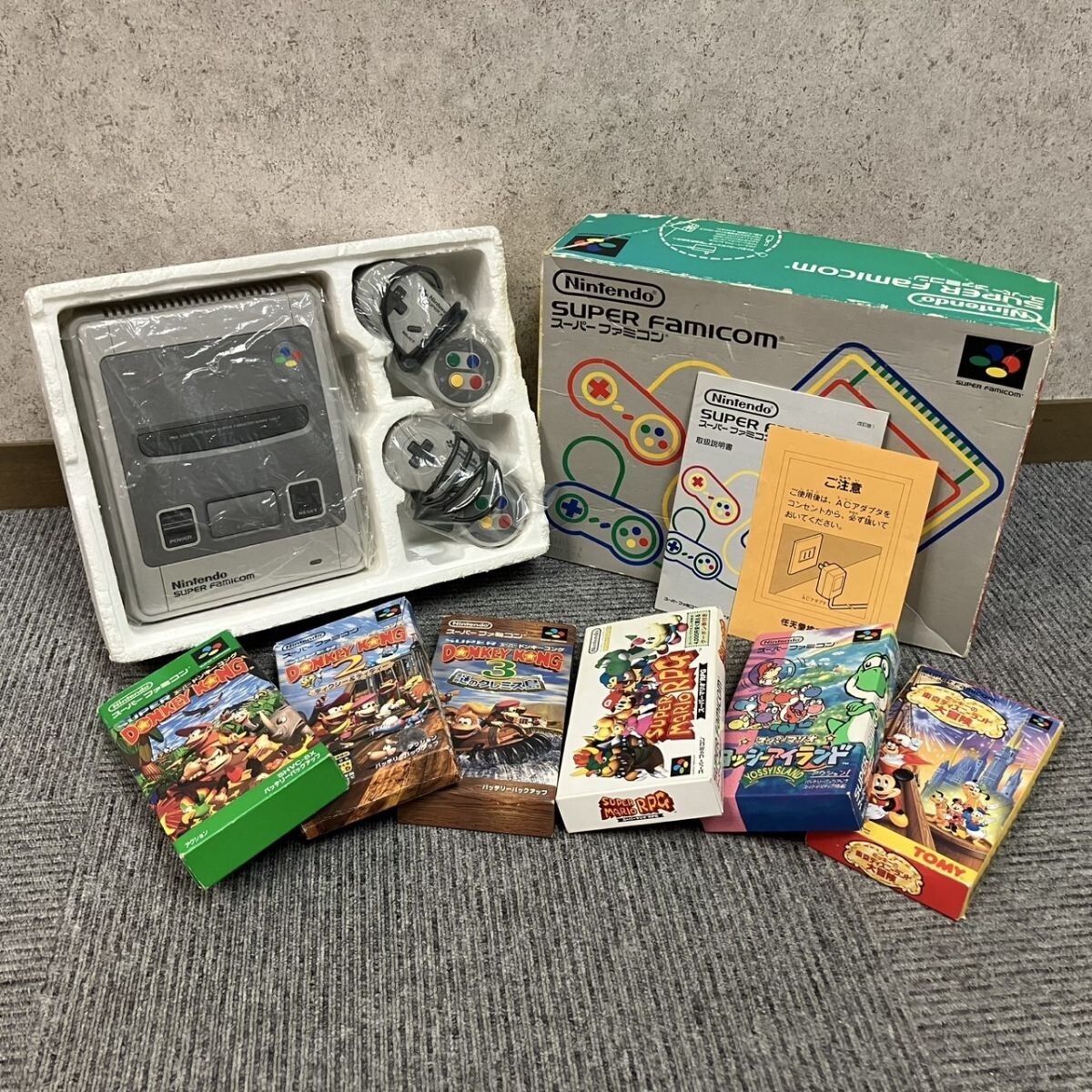【傷や汚れあり】〇C005-K50-1725 Nintendo スーパーファミコン SHVC-001 本体/ミッキーの東京ディズニーランド大冒険 マリオ 他 ソフト6本/SFC 箱説付 OAの ...