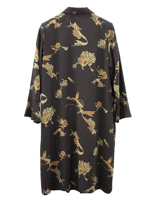 【目立った傷や汚れなし】詩仙堂 HITOSHI TAMURA ちりめん 縮緬 ロングジャケット コート 和柄 プリント ダークブラウン こげ茶 ...