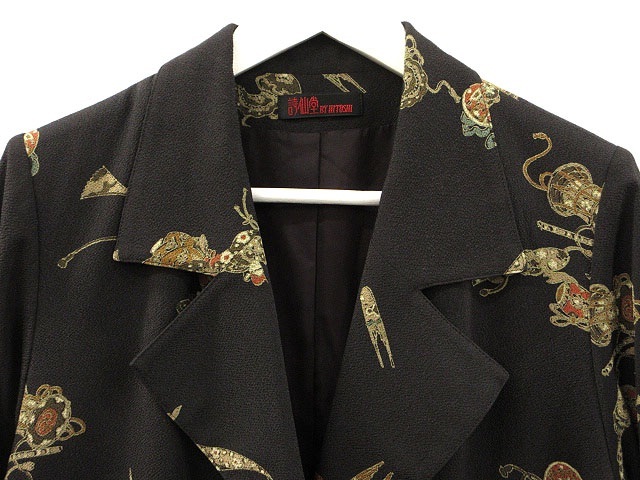 【目立った傷や汚れなし】詩仙堂 HITOSHI TAMURA ちりめん 縮緬 ロングジャケット コート 和柄 プリント ダークブラウン こげ茶 ...