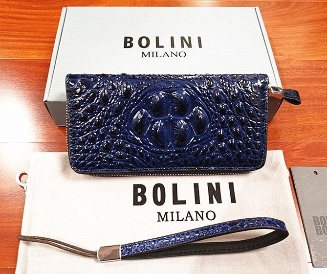 【未使用】逸品*イタリア製※定価15万 イタリア・ミラノ発*BOLINI/ボリニ・最上級牛革・クロコダイル*ラウンドファスナー 長財布・紺の ...