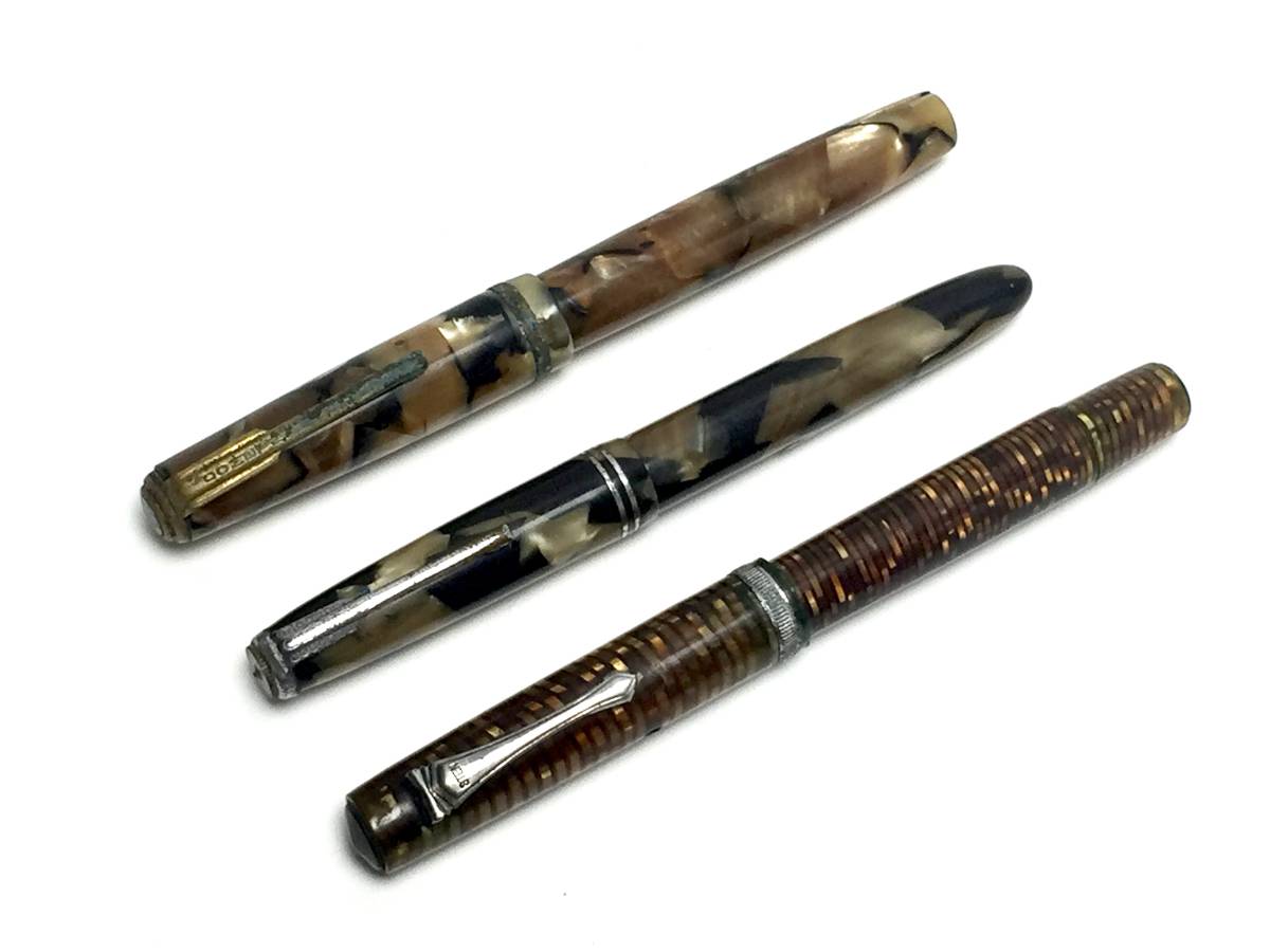 レア!! COMET CRYSTAL STEN 万年筆 3本セットセルロイド 茶に黒の大理石模様等 日本製 レトロ ヴィンテージ 筆記具 ...