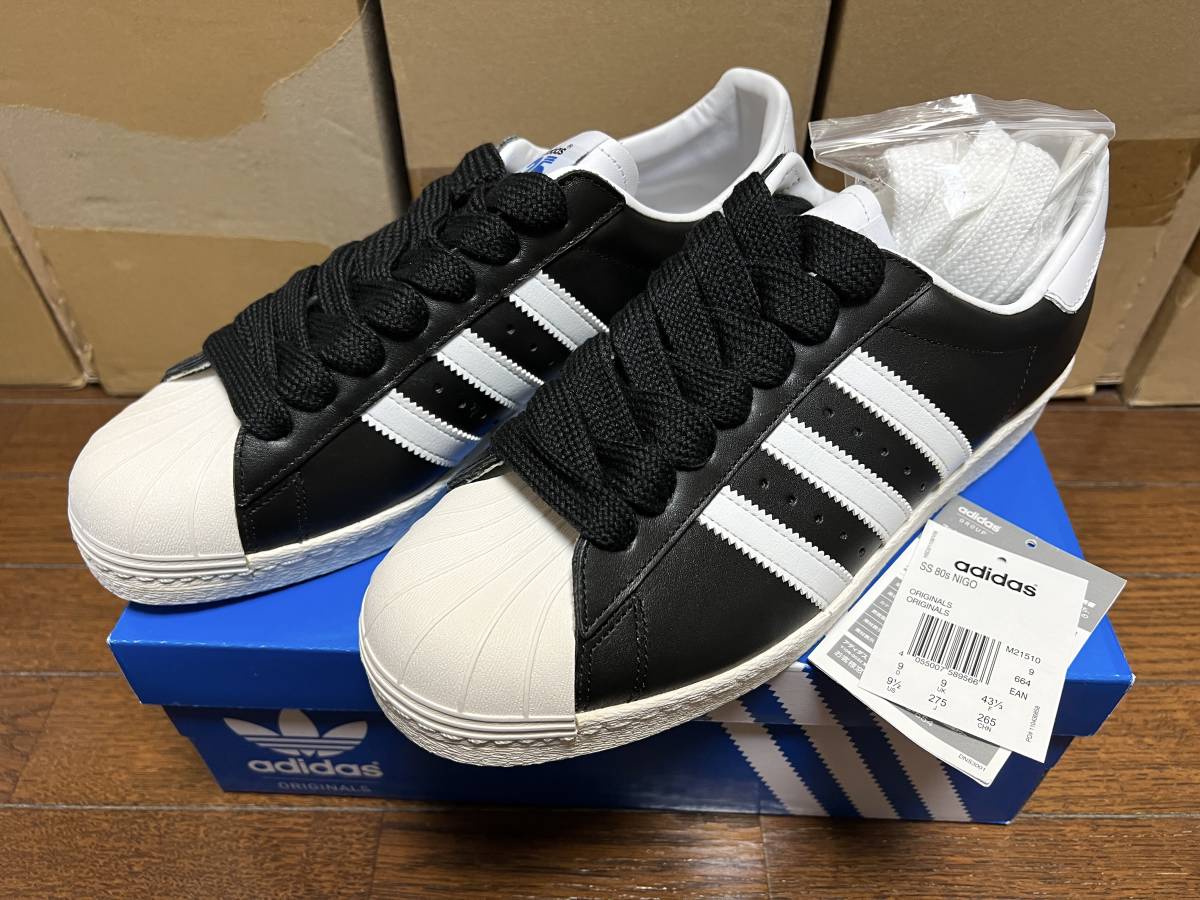 【未使用】新品 adidas SS 80s NIGO スーパースター 27.5cm ブラック×ホワイト SUPER STAR レザー ...