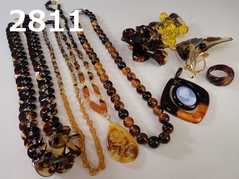 【目立った傷や汚れなし】AC-2811 全て本べっ甲 ネックレス～ブローチなど アクセサリーまとめて/カメオトップ 花モチーフ/リング レター ...