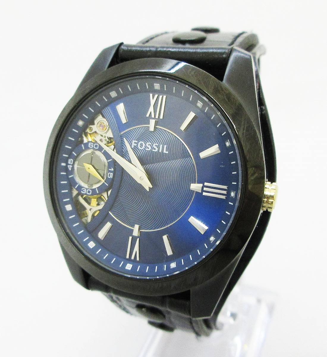 【傷や汚れあり】KM-2109 メンズ腕時計 フォッシル 自動巻 ME-1111 ツイスト TWIST ブラック ブルー文字盤 レザーバンド ...