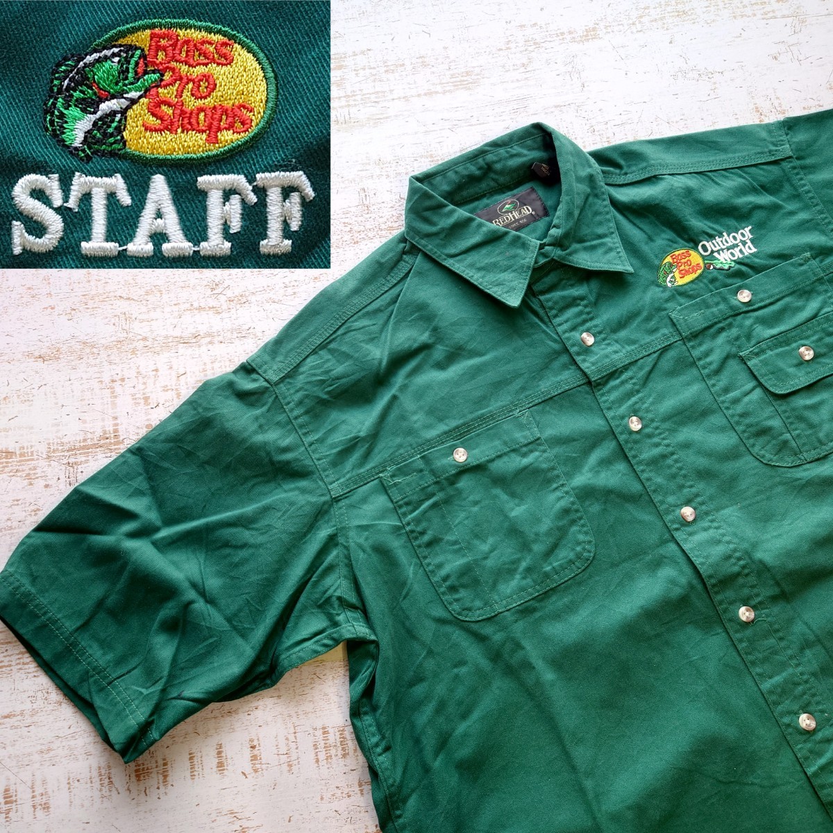 【やや傷や汚れあり】A756 RED HEAD ワーク シャツ 半袖 L アメリカ 古着 バス プロショップス アウトドア ワールド スタッフ 刺繍 BASS PRO SHOPS フィッシング ...