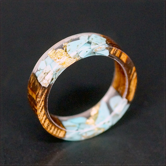 【未使用】[RING] Resin Wood Gold Stone Inside ウッド 木 ターコイズ ストーン 金箔 ゴールド 入り ...