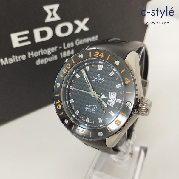 【やや傷や汚れあり】O466b [人気] EDOX エドックス 腕時計 ブラック class-1 93002-TIN-TIN GMT 自動巻き ...