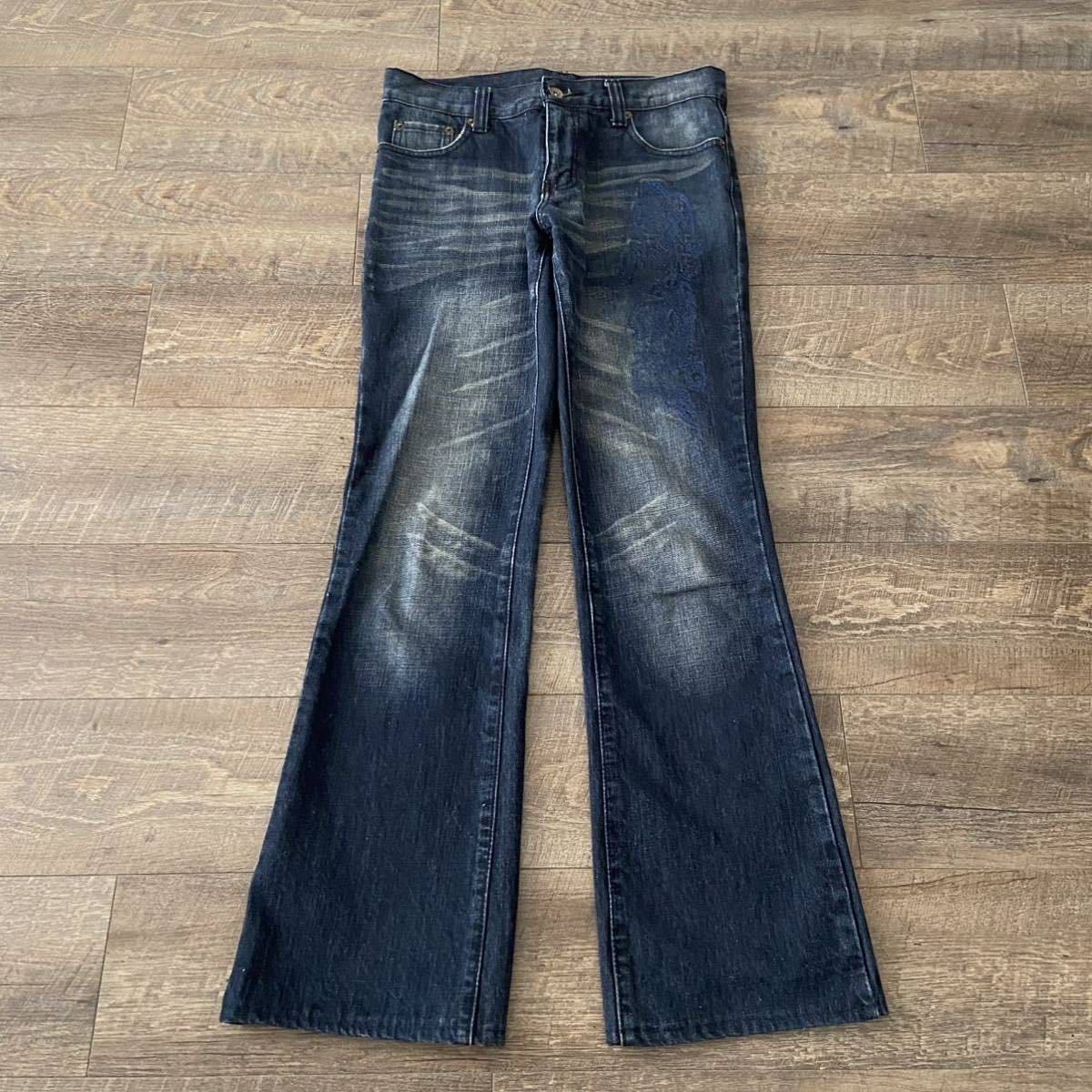 【目立った傷や汚れなし】rare 00s japanese label semantic design embroidery weathered flare jeans denim pants ...