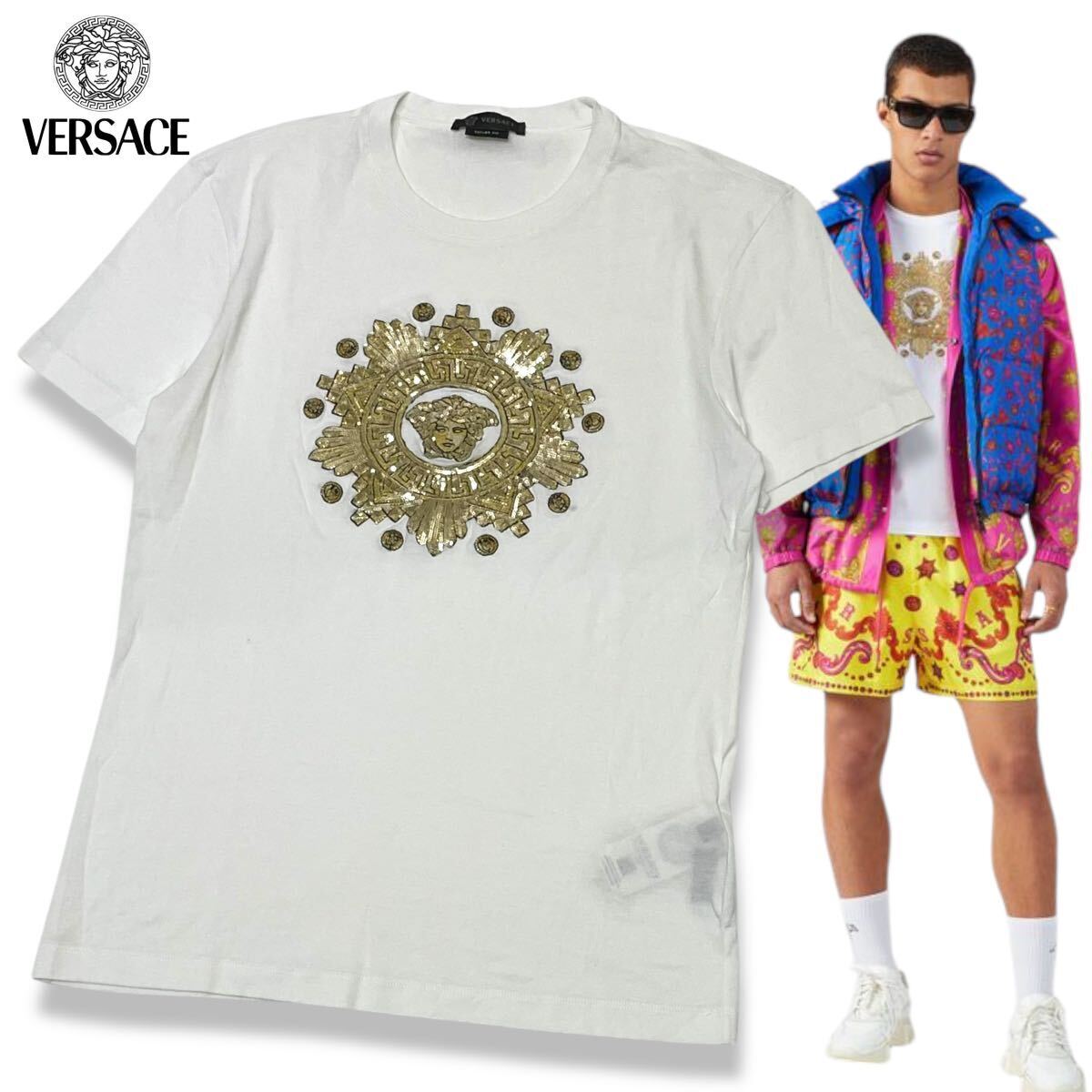 【目立った傷や汚れなし】5 国内正規品 Versace 20ss ヴェルサーチ A228806 Medusa S/S T-shirt 半袖コットン スパンコール メデューサ ロゴ Tシャツ ...