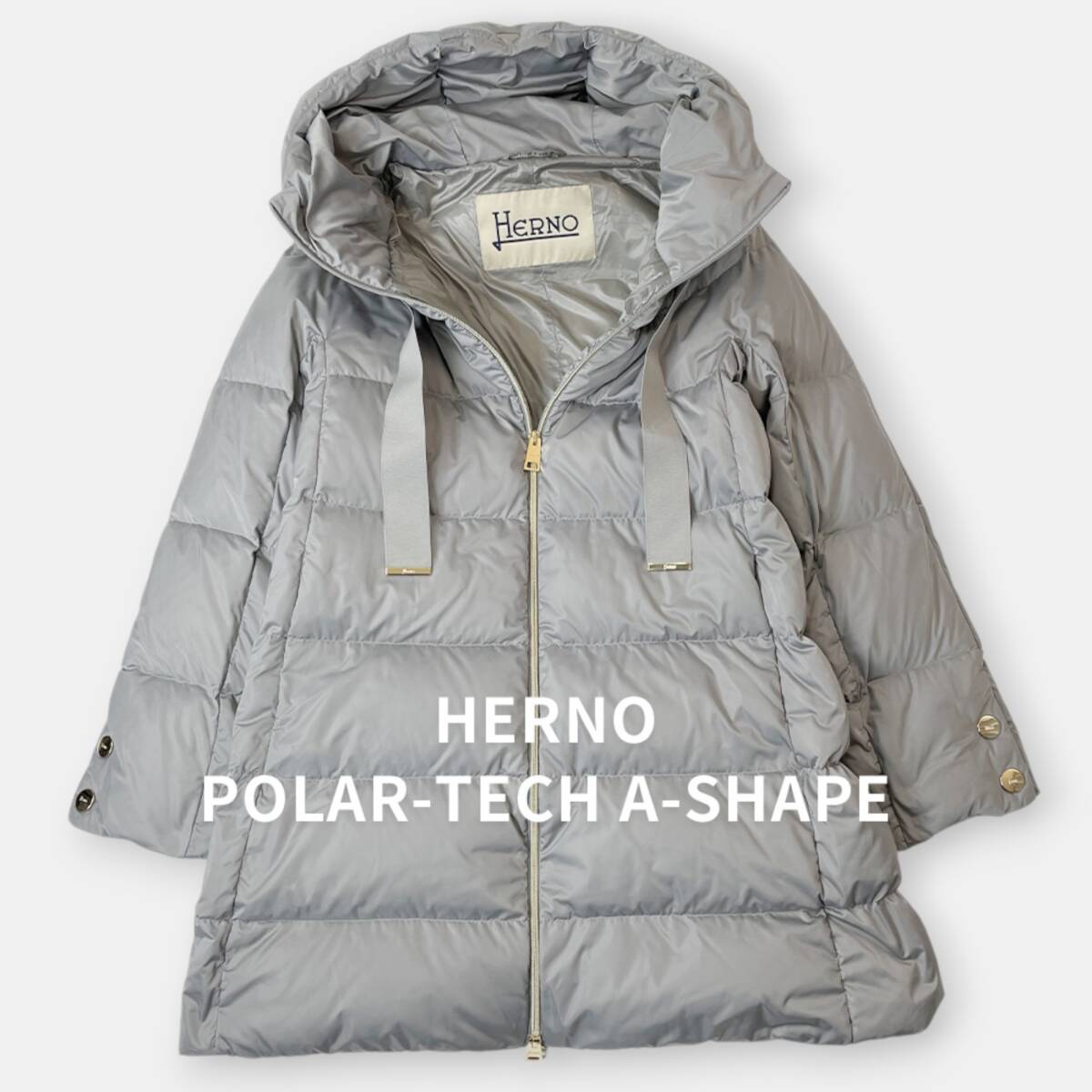 【目立った傷や汚れなし】HERNO ヘルノ 21AW Aライン ポーラテック ダウンコート ジャケット 42 M グレー POLAR-TECH A-SHAPE レディース 高級ダウン ...