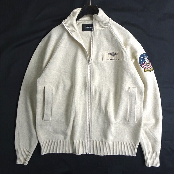 【未使用】AVIREX アヴィレックス 新品 定1.8万 TOP GUN ワッペンデザイン フルジップ ブルゾン ドライバーズニット ...
