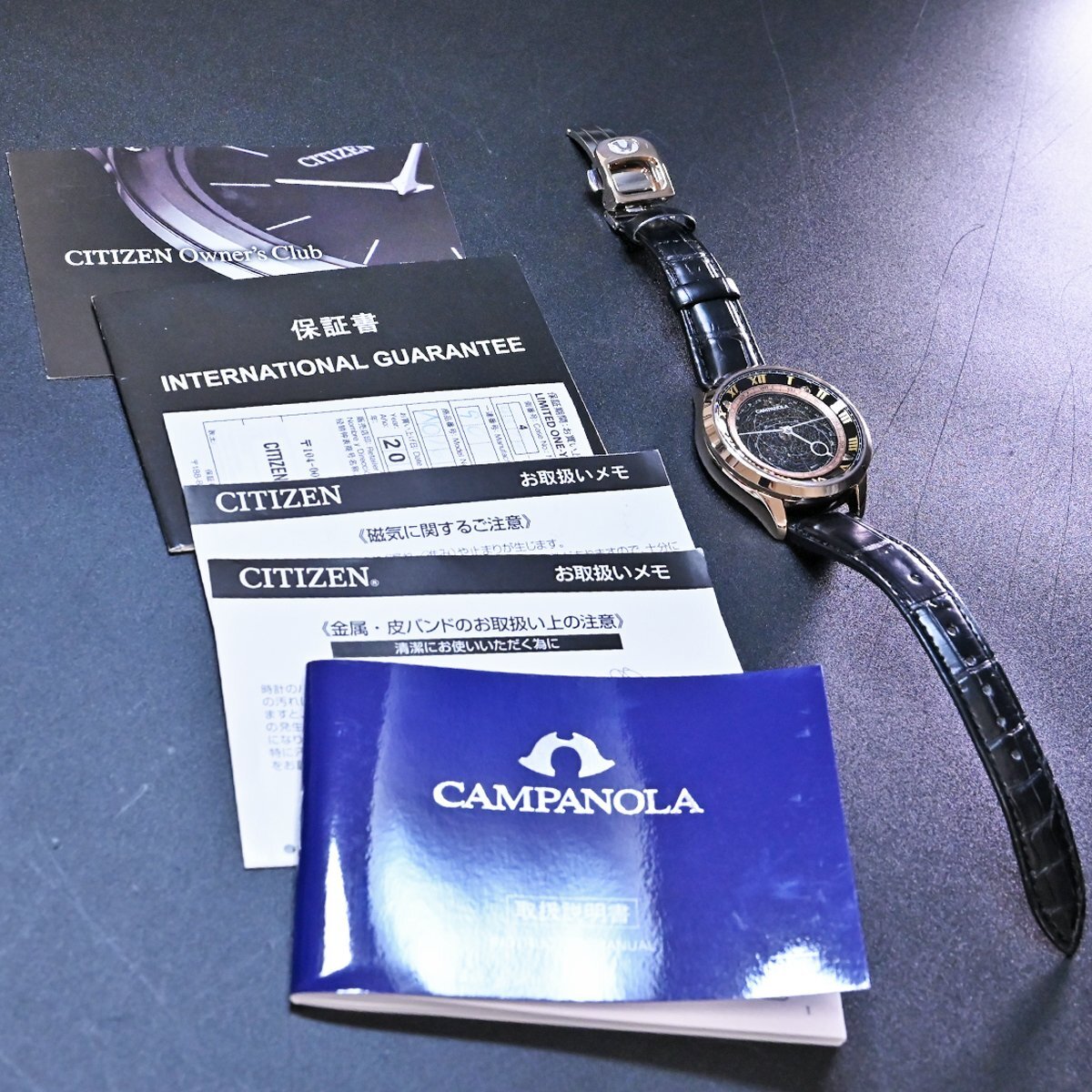 【目立った傷や汚れなし】本物 極上品 シチズン 極希少 AO1034-08E カンパノラ コスモサイン SAKURA GOLD 天文腕時計 純正ベルト Dバックル 保証書 取説付 ...
