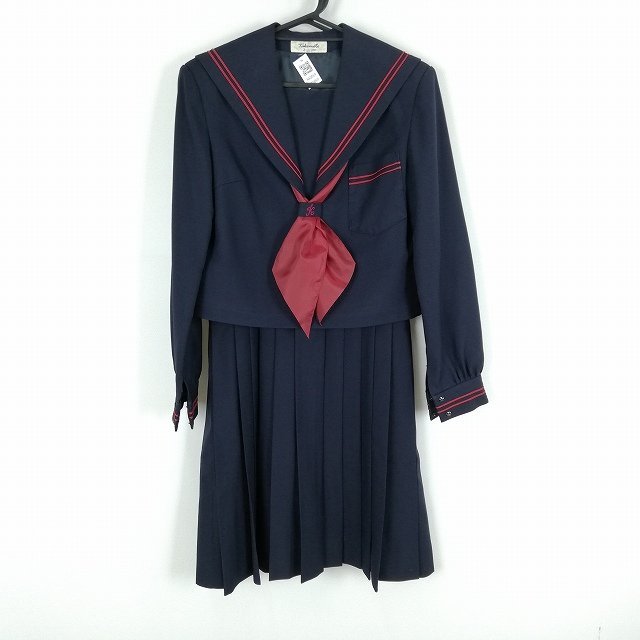 【傷や汚れあり】1円 セーラー服 ジャンパースカート スカーフ 上下3点セット 冬物 赤2本線 女子 学生服 熊本花陵中学 紺 制服 中古 ...