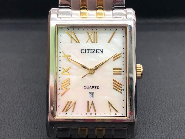 【傷や汚れあり】稼働品 ★シチズン メンズ 腕時計★ CITIZEN シェル文字盤 デイト クォーツ スクエア G011-S110831 ...