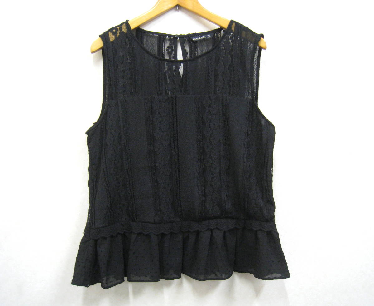 【目立った傷や汚れなし】ZARA BASIC ザラベーシック 総レース ノースリーブ プルオーバー ブラウス レディース サイズXL ブラック ...