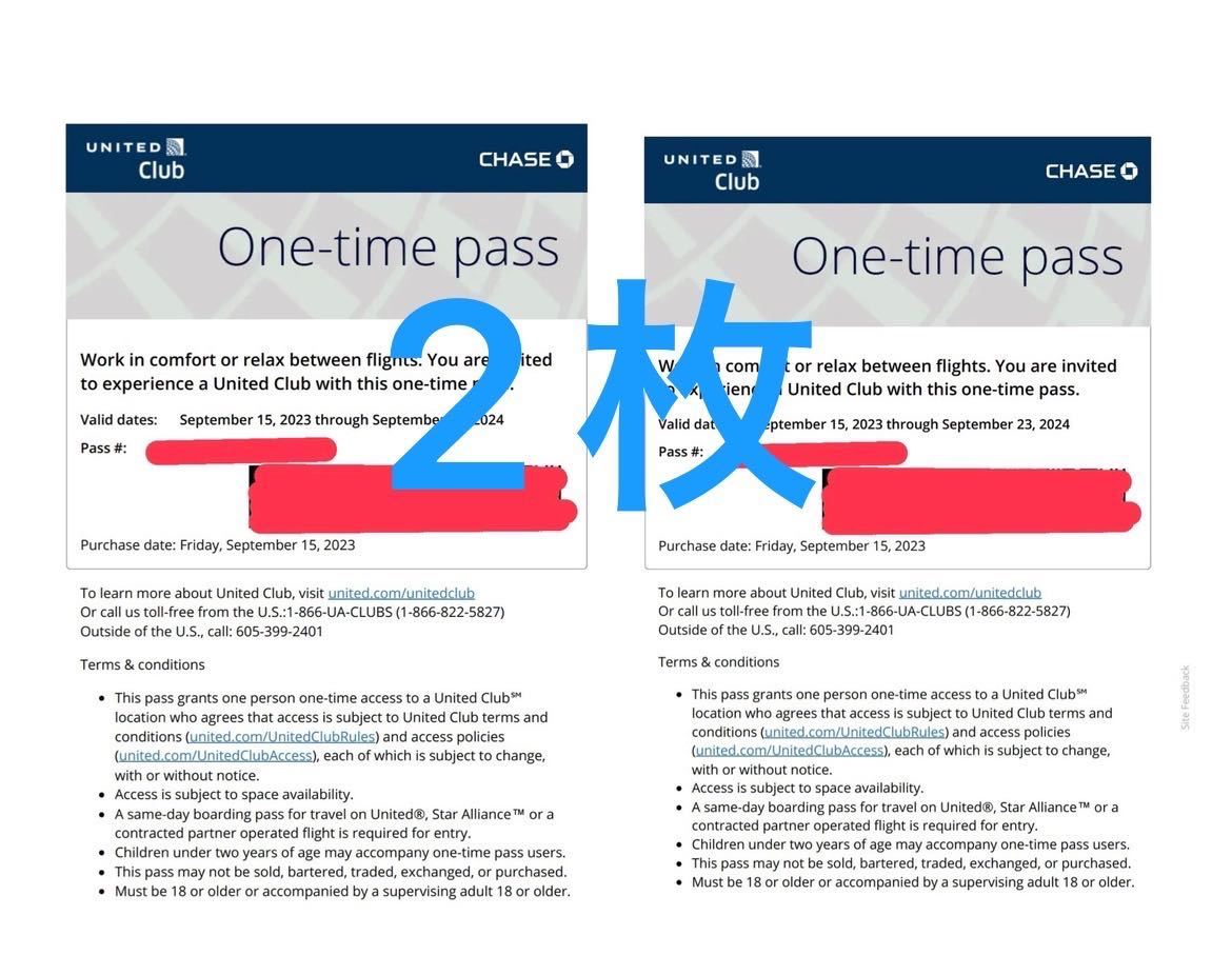 【未使用】【送料無料】ユナイテッド航空 ワンタイムパス ラウンジ使用 United Airline one time pass 2枚セット ...