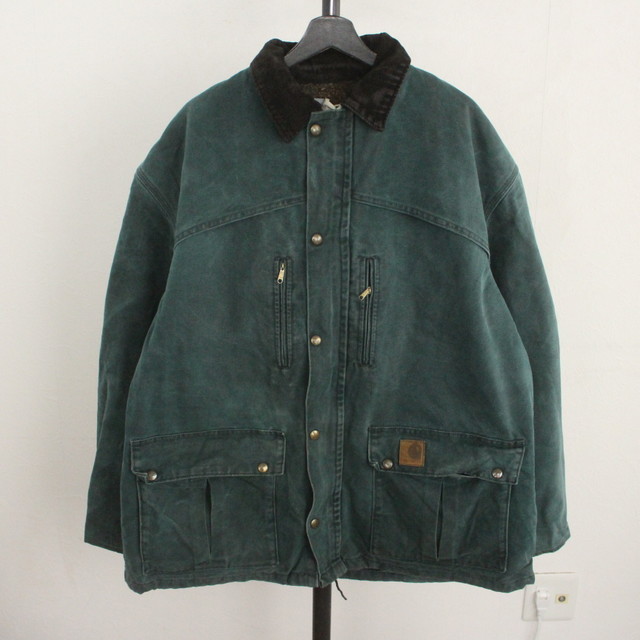 【やや傷や汚れあり】Q127 90sビンテージ カーハート Carhartt ダックジャケット USA製 1990年代製 表記XLサイズ グリーン 襟コーデュロイ 裏地ウール 古着卸の落札情報 ...