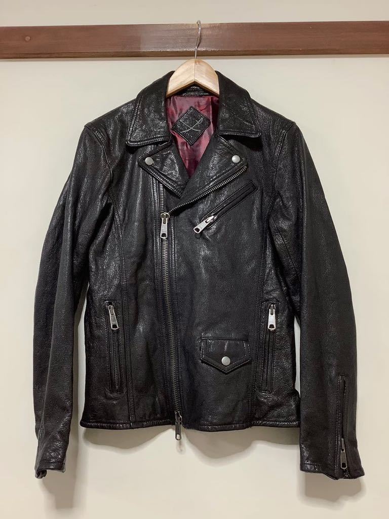 【目立った傷や汚れなし】れ1287 semantic design ABORDAGE セマンティックデザイン アボルダージュ コラボ レザーライダース ダブルライダース M ゴートレザー 山羊 ...