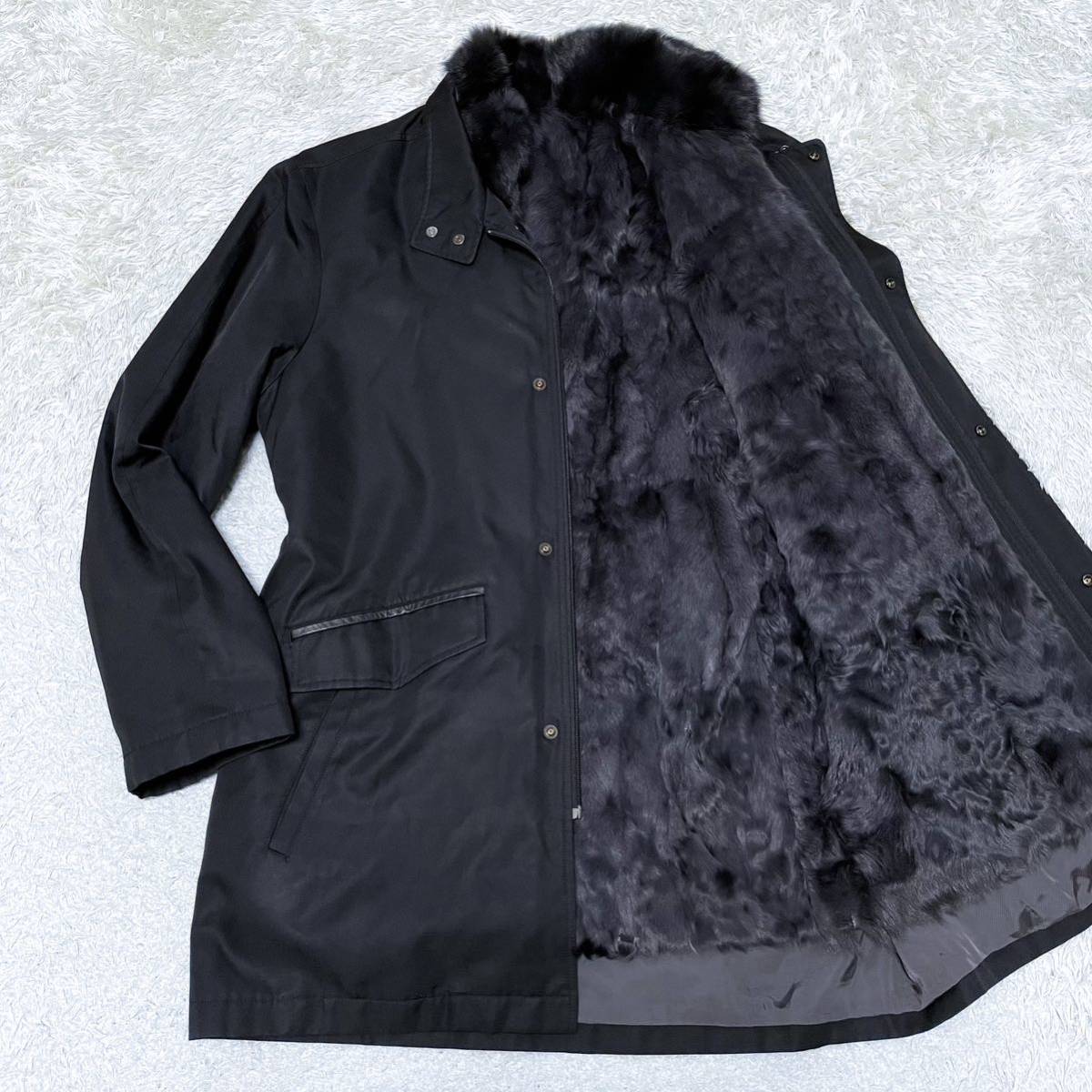 【目立った傷や汚れなし】極希少!ランバンコレクション《リスandキッドラムファー》圧巻シルク100 牛革切替 コート ジャケット ブルゾン
