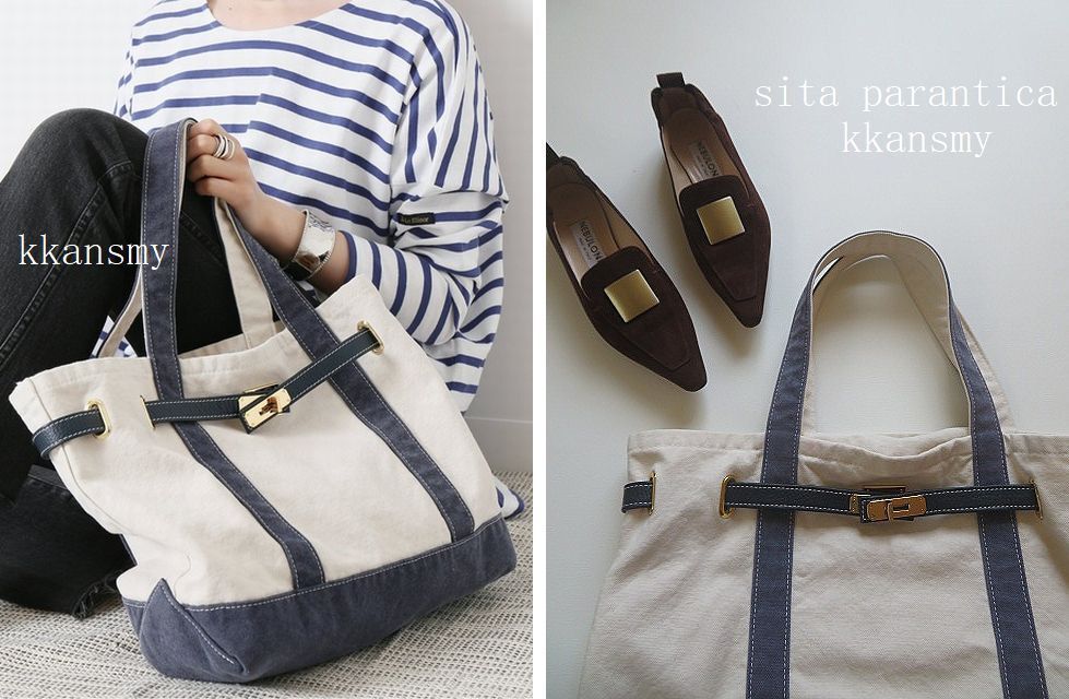 【目立った傷や汚れなし】シータパランティカ SITA PARANTICA キャンバス×レザートートバッグ L ハンドバッグ 黒 ブラック ...