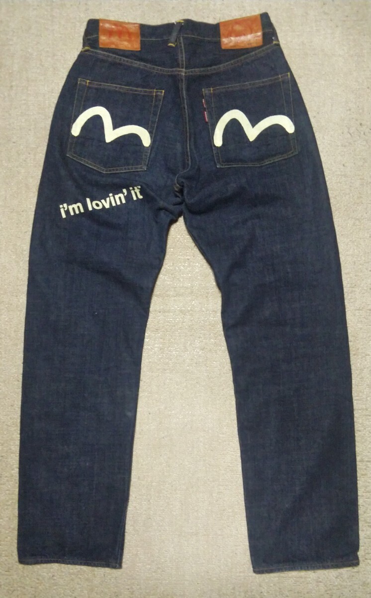 【目立った傷や汚れなし】 超レア 美品 濃紺濃色 EVISU エヴィス×マクドナルド3065 白カモメペイントコラボジーンズ 32×35 赤耳 I'm lovin' it McDonald's ...