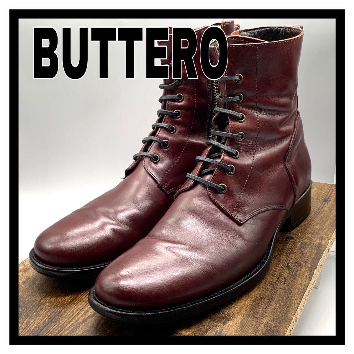 【目立った傷や汚れなし】BUTTERO (ブッテロ) B2964 ショートブーツ サイドジップ レースアップ ロングノーズ レザー ボルドー ...