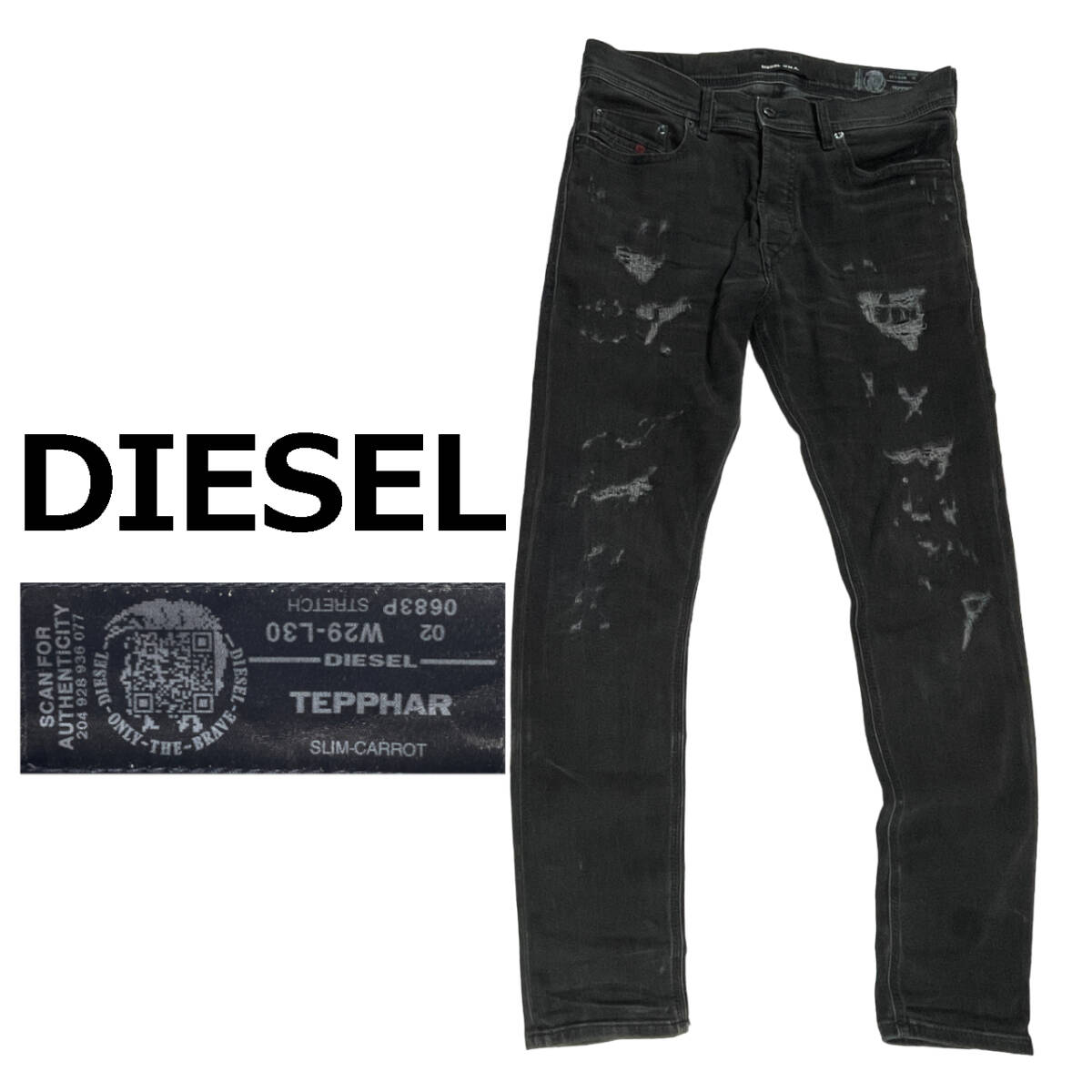 【目立った傷や汚れなし】DIESEL ディーゼル D.N.A. TEPPHAR SLIM-CARROT W29 (約83cm W33相当) 黒タグ ダメージ加工 イタリア製 デニムパンツ ...