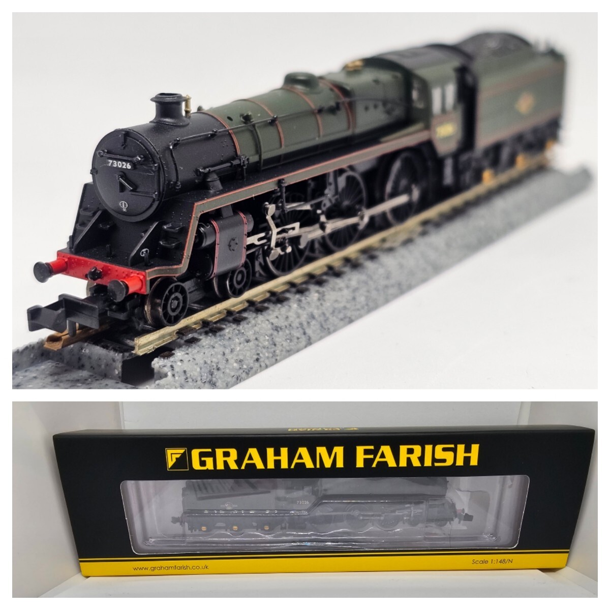 【未使用に近い】Graham Farish Nゲージ蒸気機関車 BR Standard 5MT with BR1 Tender 73026 BR Lined Green 372-728B 英国 ...