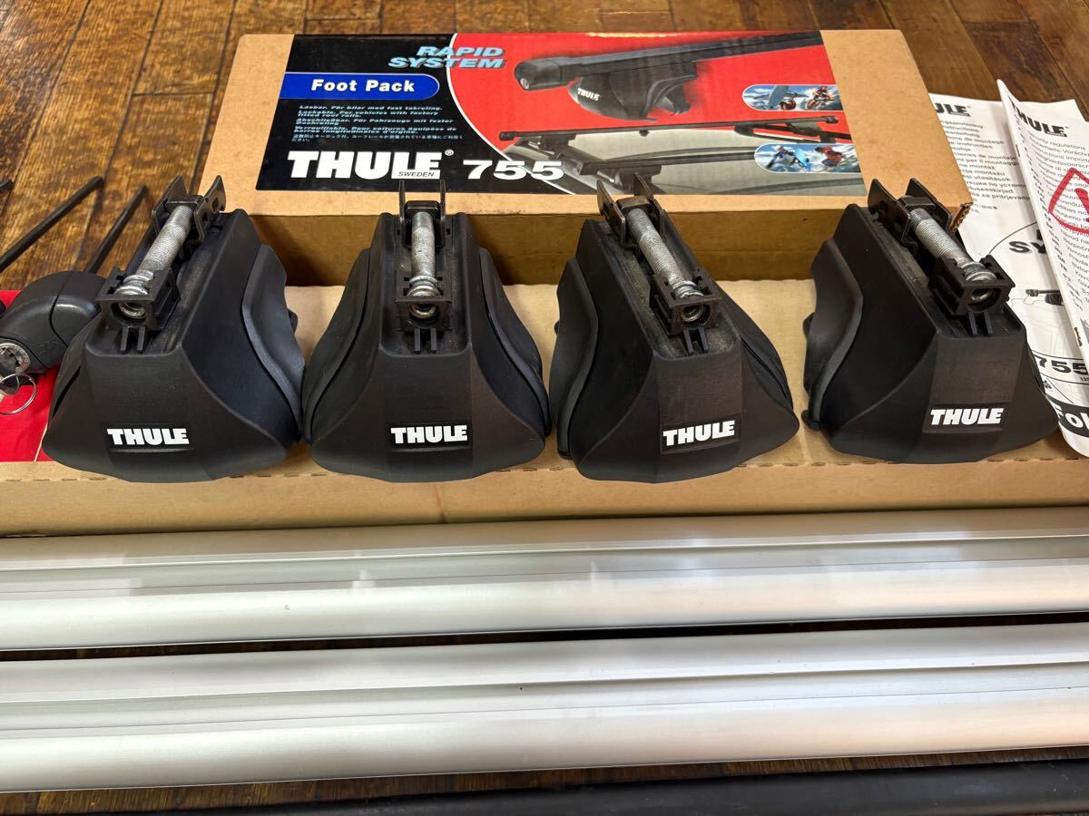 【やや傷や汚れあり】THULE 862(135cmエアロバーセット) 755(ベースフット)鍵付き ルーフレール用 スーリー キャリア 215 ...