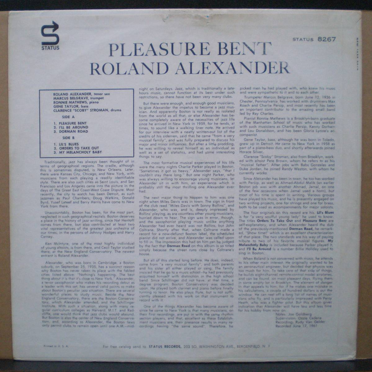 【やや傷や汚れあり】【US-Orig】RVG刻印・New Jazz 8267 ★ ROLAND ALEXANDER / Pleasure ...