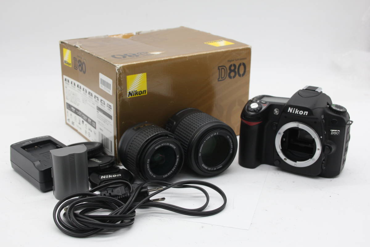 【傷や汚れあり】Y2497 【元箱付き】ニコン Nikon D80 18-55mm F3.5-5.6 55-200mm F4-5.6 バッテリー チャージャー付 レンズ2個セット ジャンクの ...