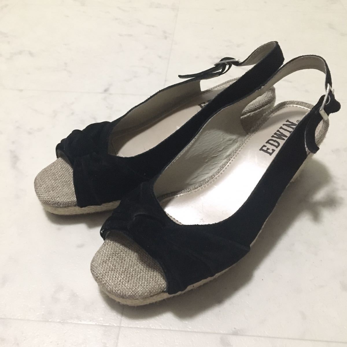 【目立った傷や汚れなし】 EDWIN エドウィン スエード エスパドリーユ サンダル レディース オープントゥー LL XL 24.5cm 25.0cm 38 ブラック 黒 リボンの落札情報 ...