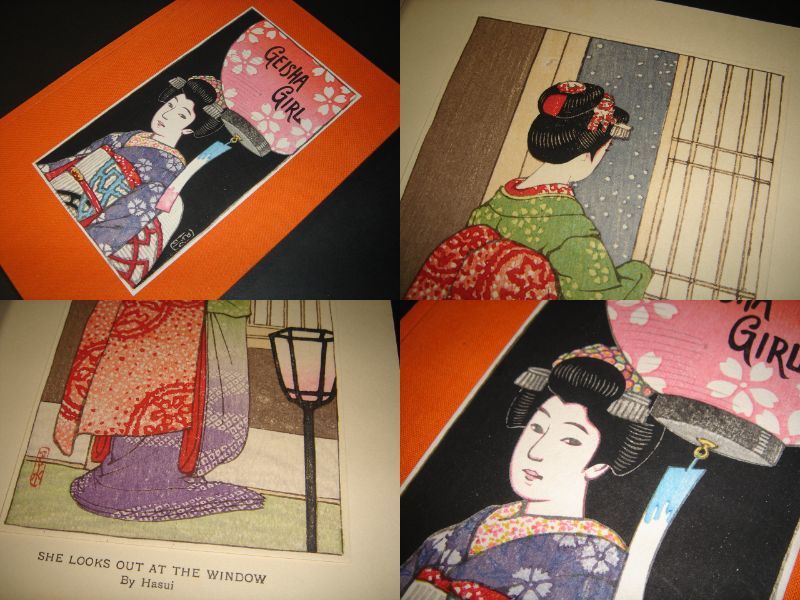 【やや傷や汚れあり】川瀬巴水 彩色木版画2葉 昭和8年 藝者娘 表紙木版画『geisha Girl』口絵木版画『she Looks Out