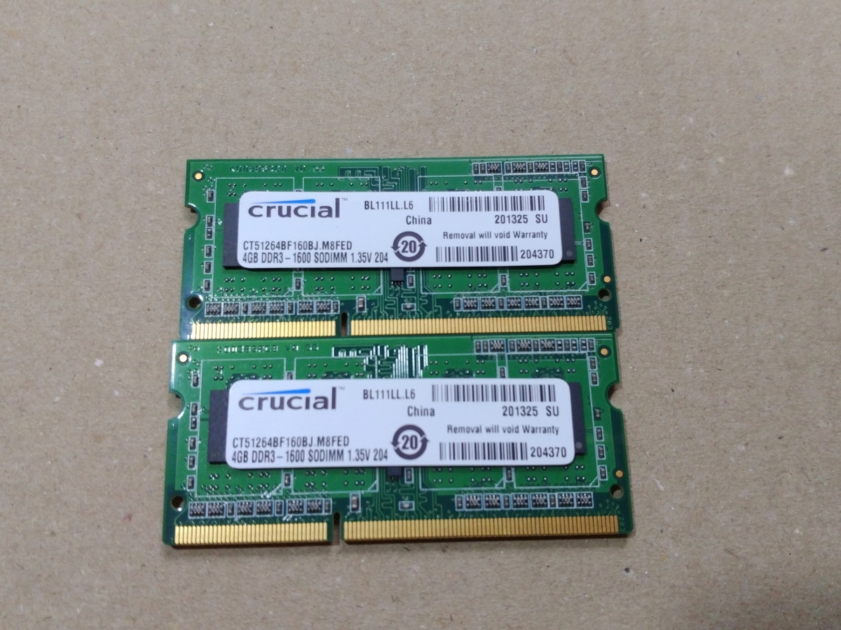 【目立った傷や汚れなし】ノートパソコン用 メモリ 8GBセット 4GB×2枚組 Crucial DDR3-1600 PC3-12800 1.35Vの落札情報詳細 - Yahoo!オークション ...