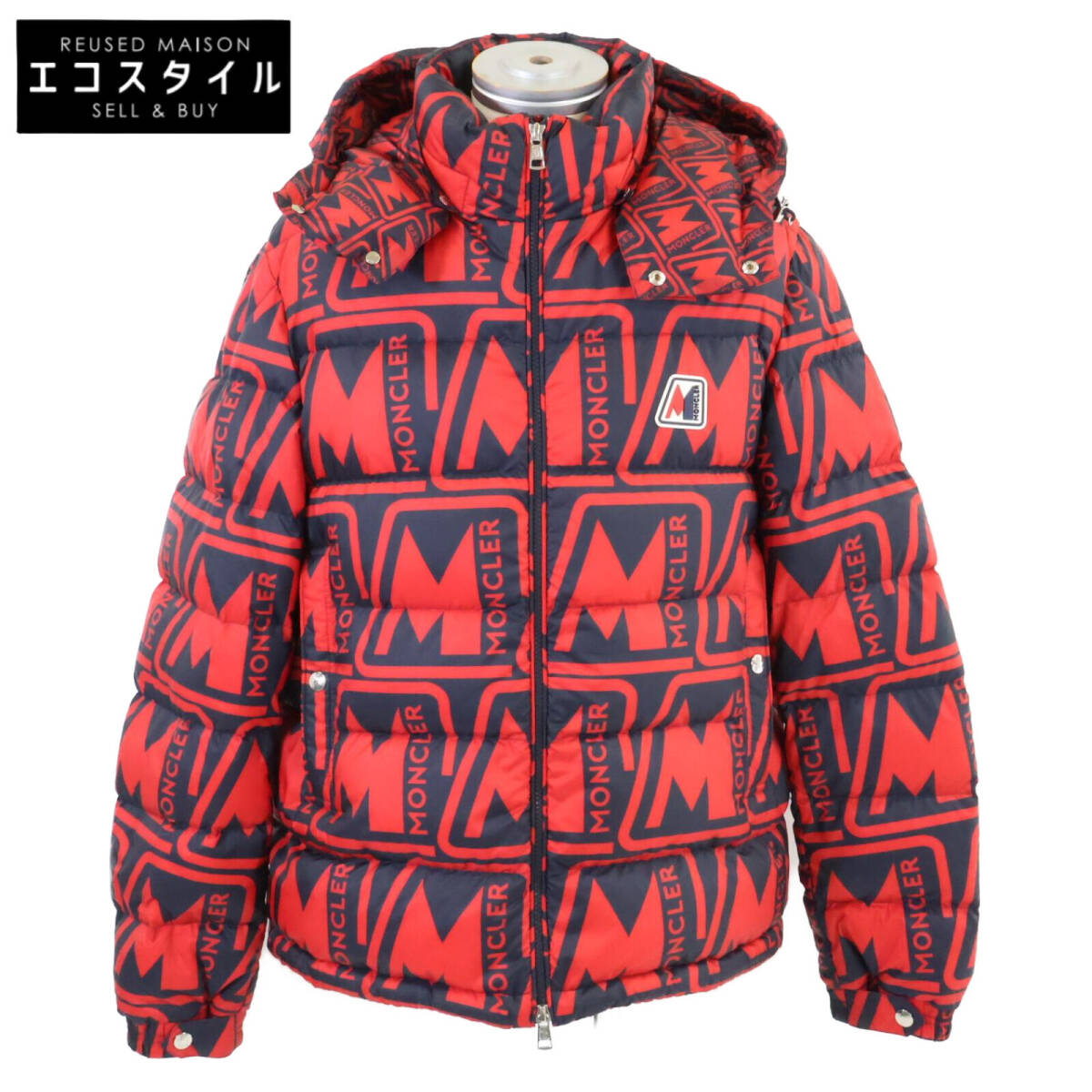 【やや傷や汚れあり】【国内正規20年製】MONCLER モンクレール FRIOLAND 総柄 フード付ダウン ジャケット 4 レッドネイビー ...