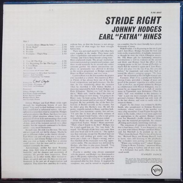 小気味よいスイング感 !! Johnny Hodges and Earl Hines / Stride rightの落札情報詳細 - ヤフオク ...